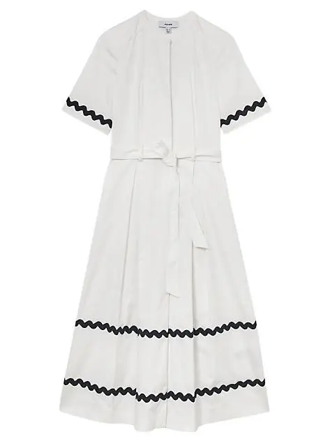 REISS Isabelle Wave-trim Stretch-cotton Midi Dress - Ivory Navy