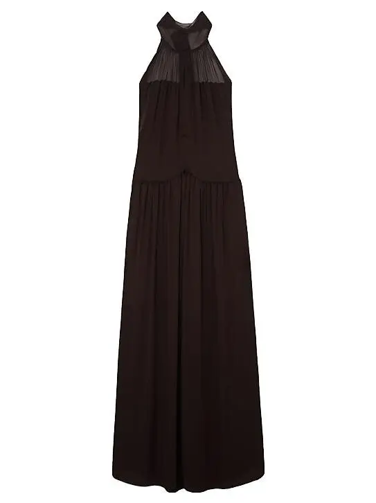 REISS Atelier Luna Halterneck Chiffon Maxi Dress - Chocolate