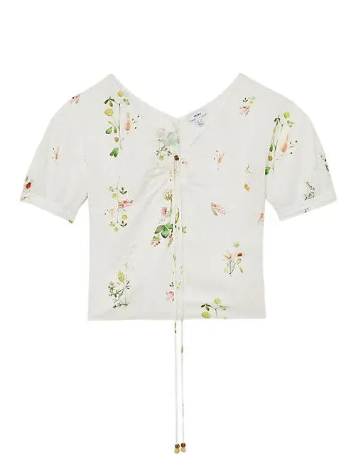 REISS Floral-print Linen-blend Top - Ivory