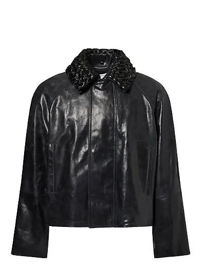 Bottega Veneta Intreccio-collar Crackled Leather Jacket - Double Black