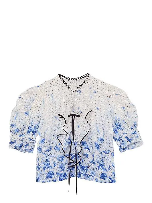 REISS Minnie Floral-print Cotton Blouse - Ivory Blue
