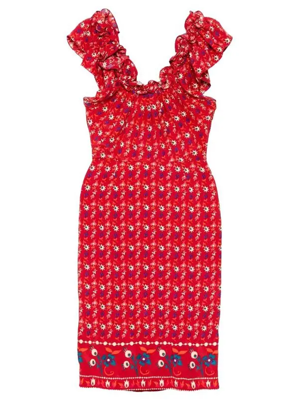 Dior Floral Silk Ruffled Midi Dress - Red