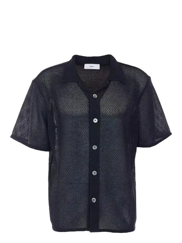DUNST Crochet-knit Open-collar Shirt - Black