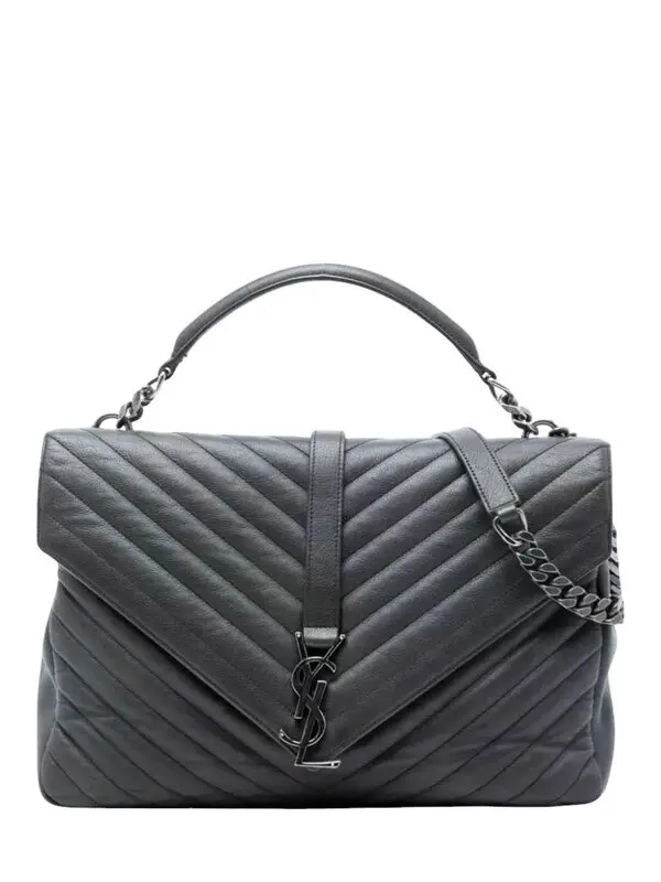 Saint Laurent 2015 Large Chevron Sheepskin Monogram College Satchel - Grey