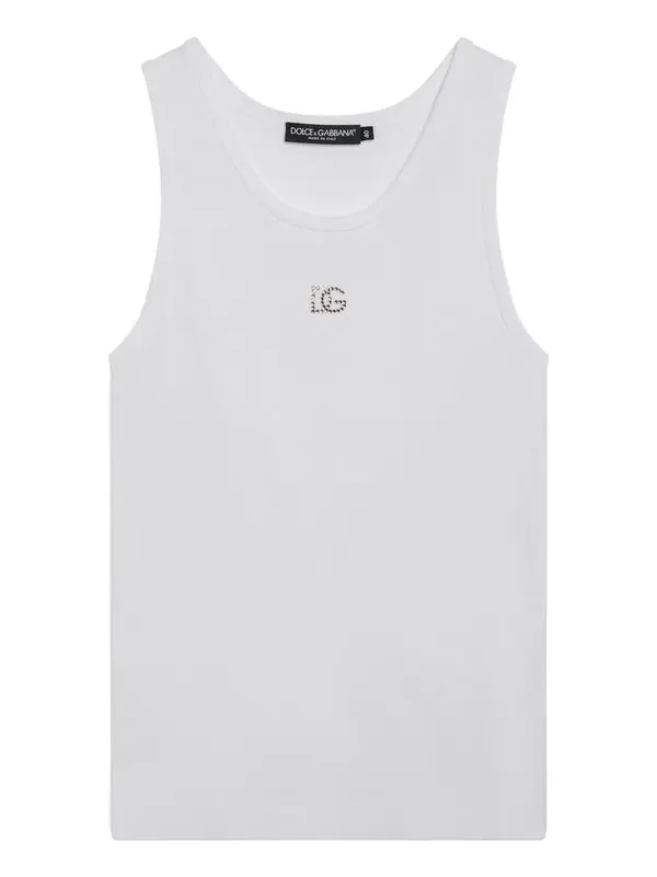 Dolce & Gabbana Cotton Tank Top With Dg Embroidery And Rhinestones - White