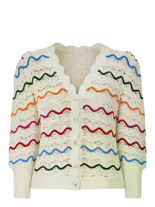 Farm Rio Scallop-edge Pointelle-knit Cardigan - Neutrals
