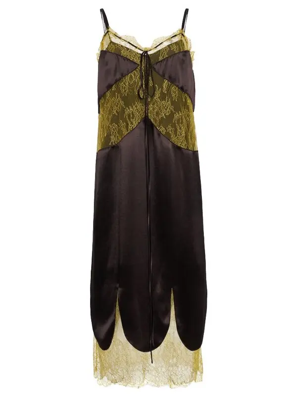 FERRAGAMO Satin And Lace Midi Dress - Brown