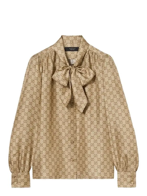 Gucci Silk Twill Shirt With Vintage Gg Print - Sand