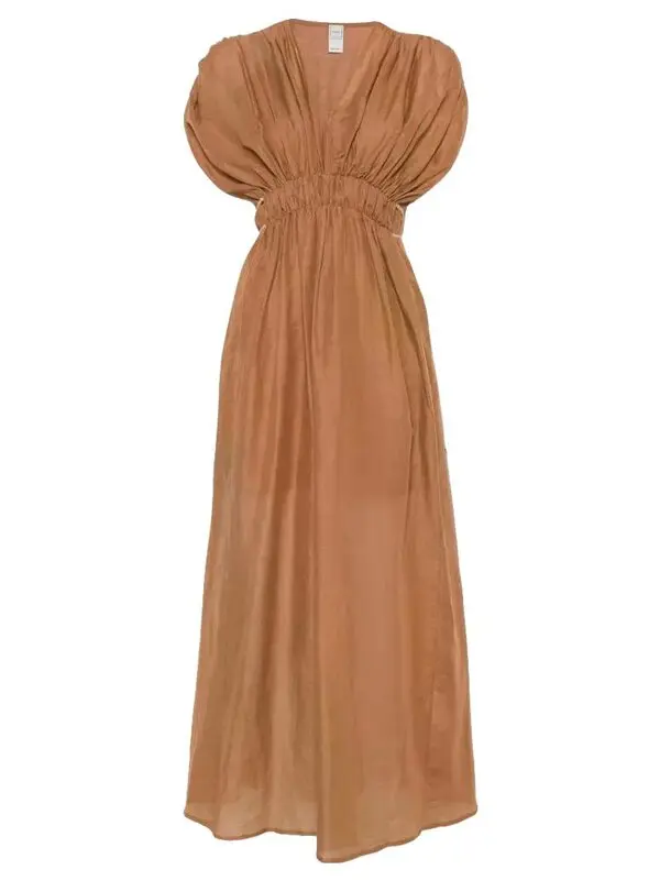 120% Lino Gathered V-neck Maxi Dress - Brown