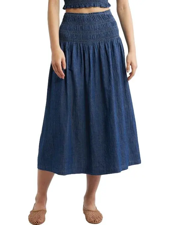 Madewell Smocked Waist Denim Midi Skirt - Dark Cove Wash