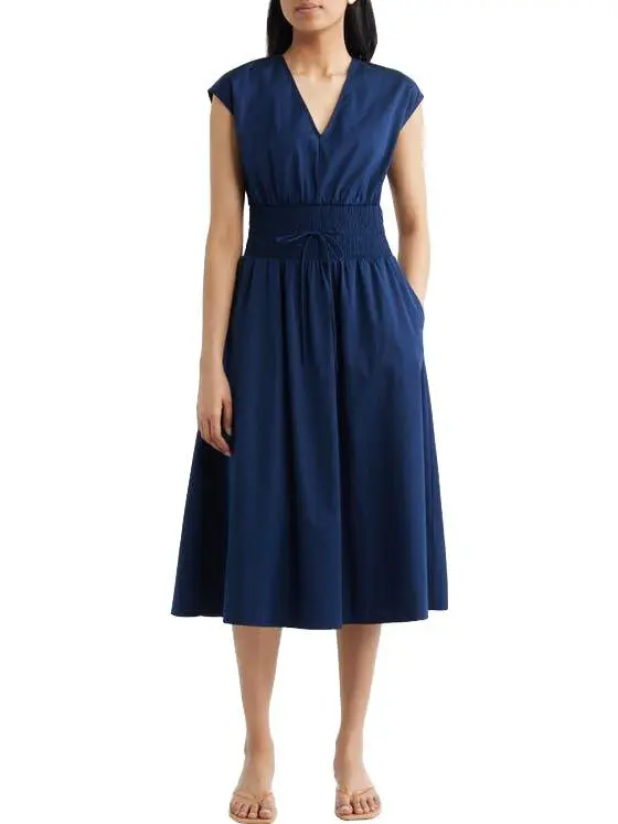Spanx Smocked Waist V-neck Cotton Midi Dress - Timeless Navy