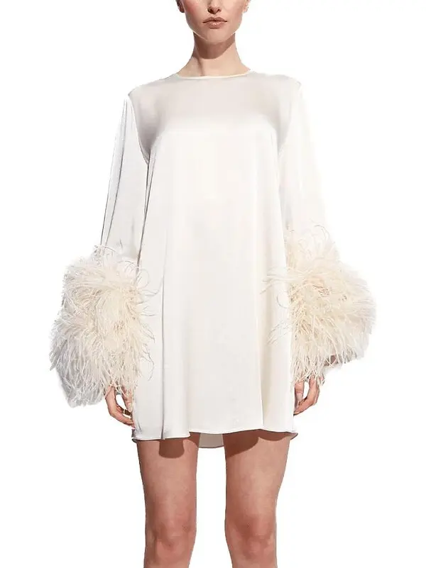 Lapointe Satin Shift Dress With Feathers - Cream