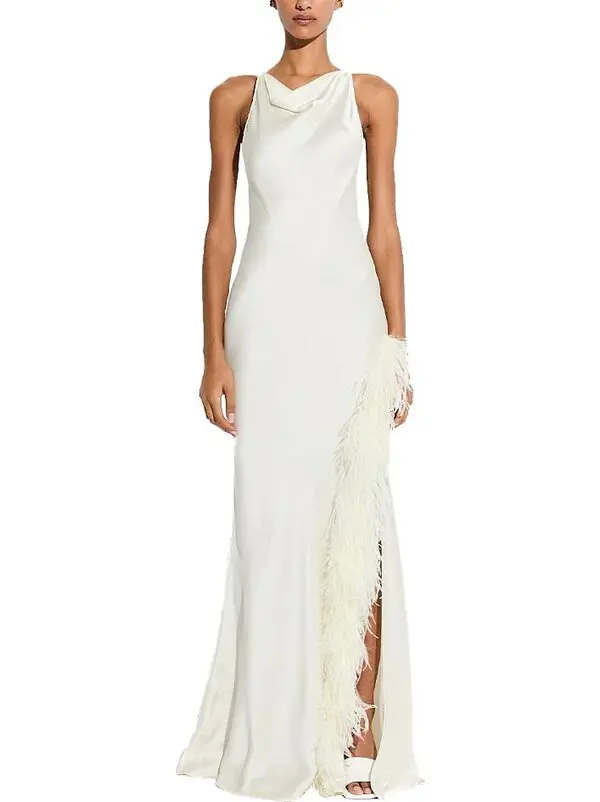 Lapointe Satin Halter Gown With Feathers - Cream