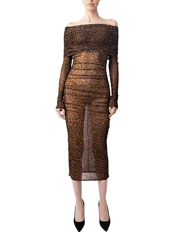 Lapointe Printed Mesh Off Shoulder Midi Dress - Leopard