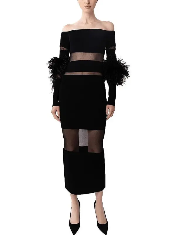 Lapointe Matte Viscose Intarsia Dress With Feathers - Black