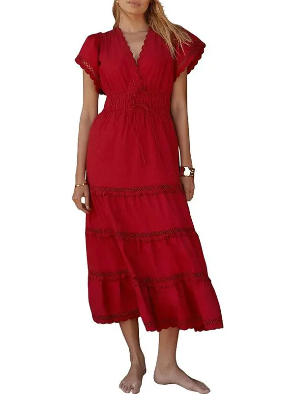 Mint Velvet Cotton Ruffle Maxi Dress - Red