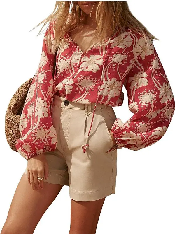 Mint Velvet Floral Tie Neck Long Sleeve Blouse - Red