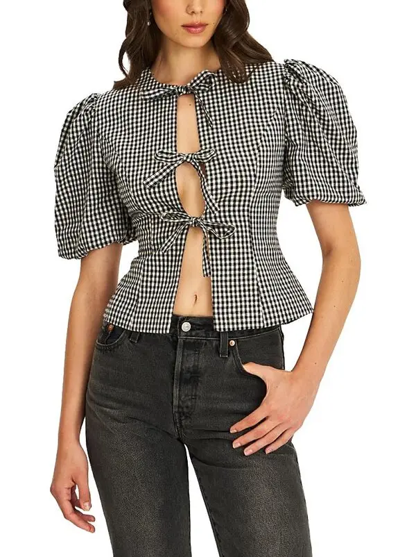MISS CIRCLE Gingham Bowtie Top - Black