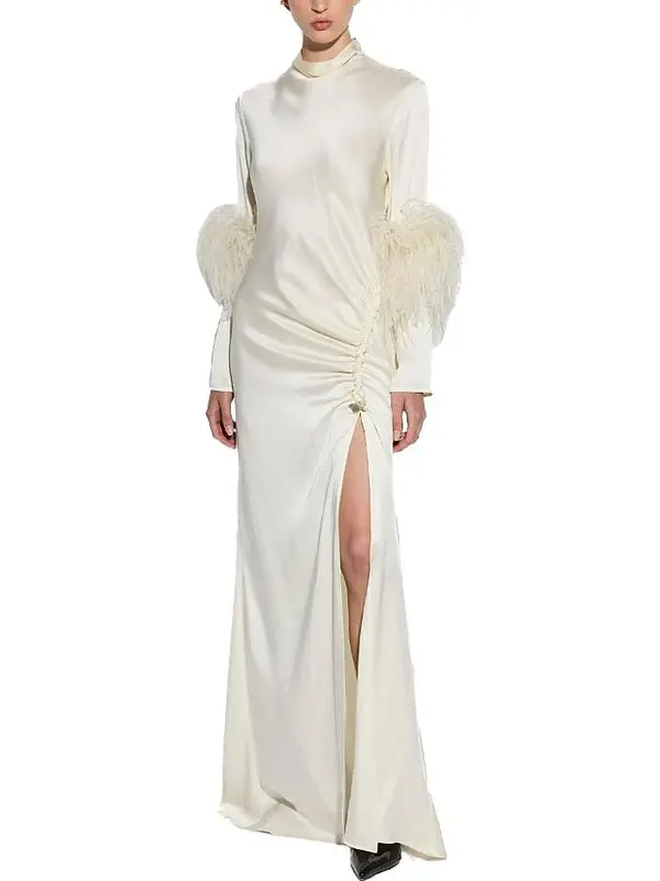 Lapointe Satin Gown With Feathered Sleeves - Cream