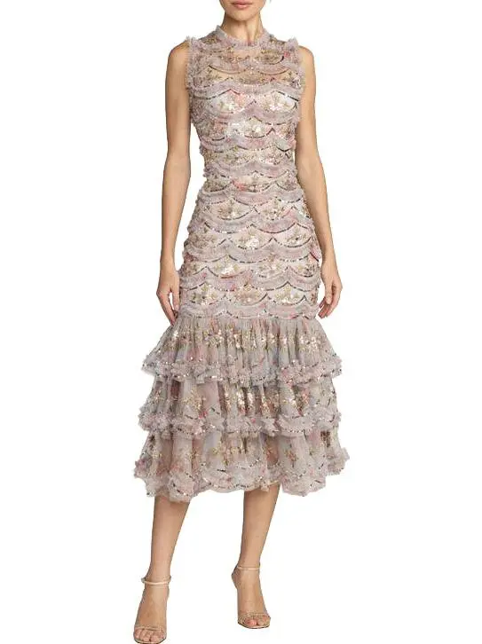Mac Duggal Sleeveless Sequin Tiered Ruffle Midi Dress - Pastel Multi