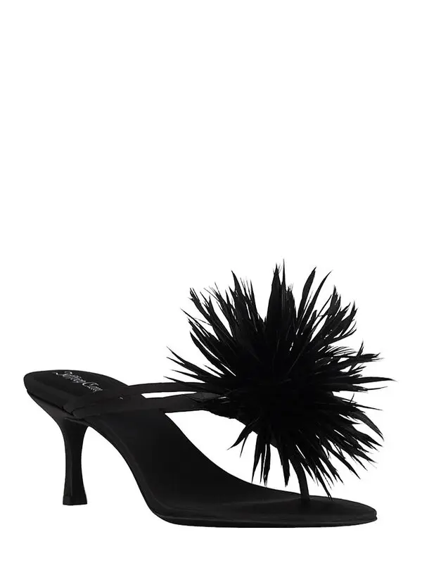 Jeffrey Campbell Feather Embellished Thong Sandals - Black Satin