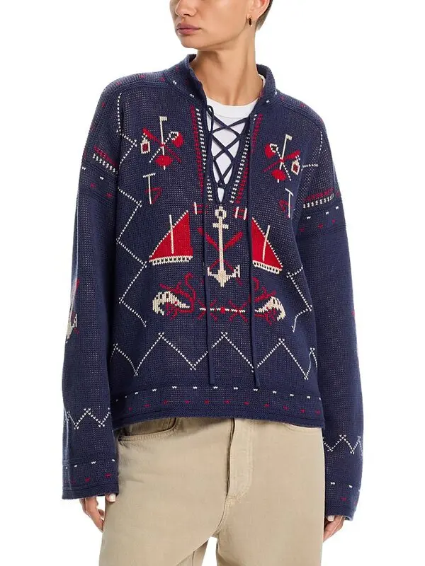 The Great. The Fisherman Lace Up Pullover Sweater - Navy