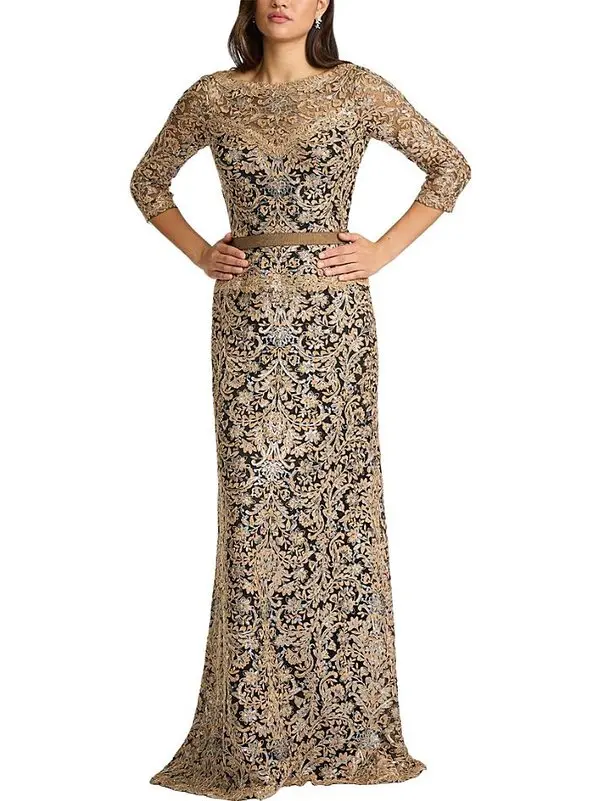 Tadashi Shoji Aziza Sequin Embroidered Tulle Gown - Copper Shadow/black