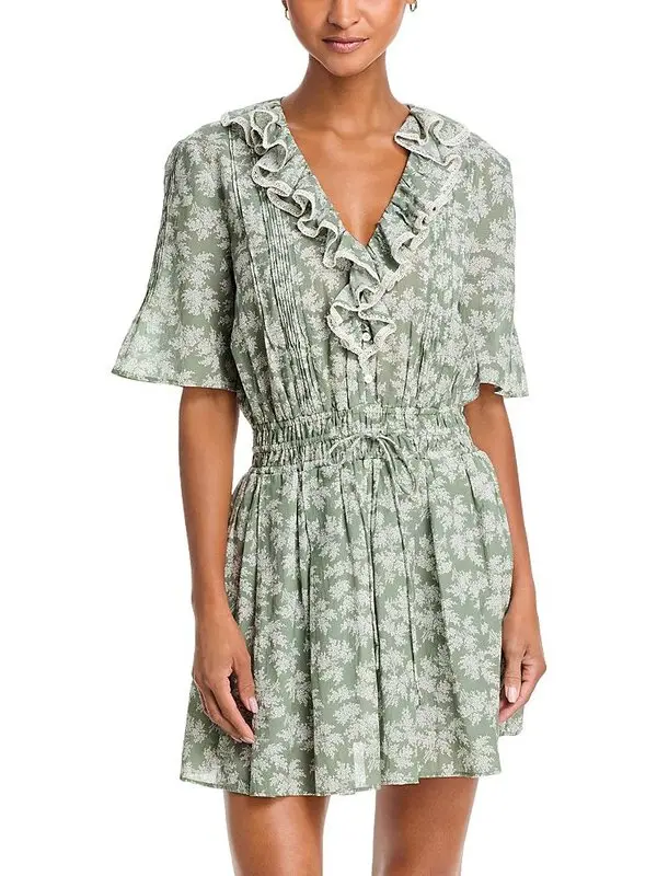 Veronica Beard Gallagher Floral Print Ruffled V-neck Dress - Sage/dove