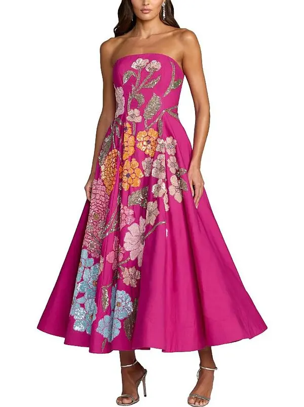 Mac Duggal Floral Embellished Midi Dress - Hot Pink Multi