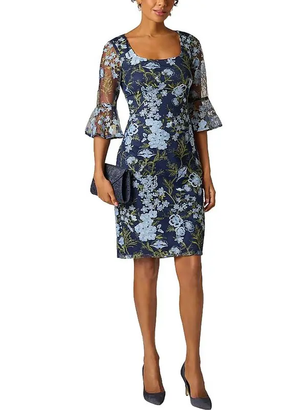 Adrianna Papell Embroidered Floral Bell Sleeve Dress - Blue Multi
