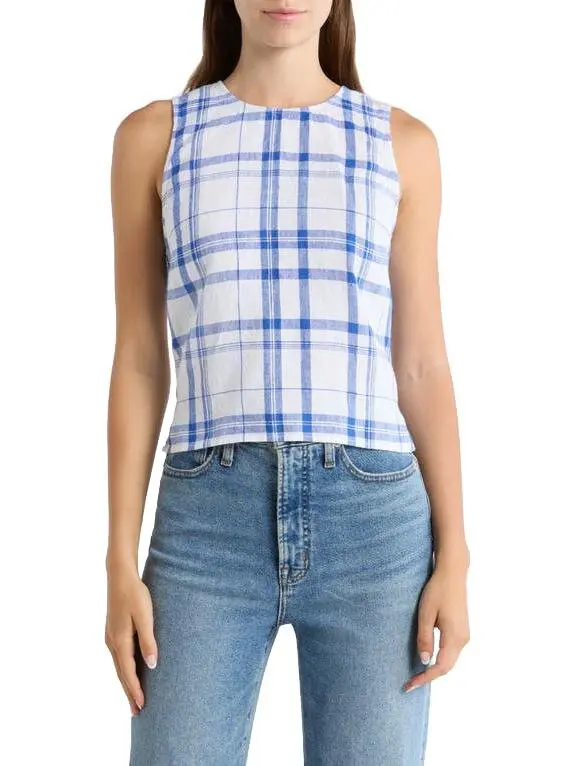 Madewell Tie-back Linen Shell Top - Oversized Blue White Plaid
