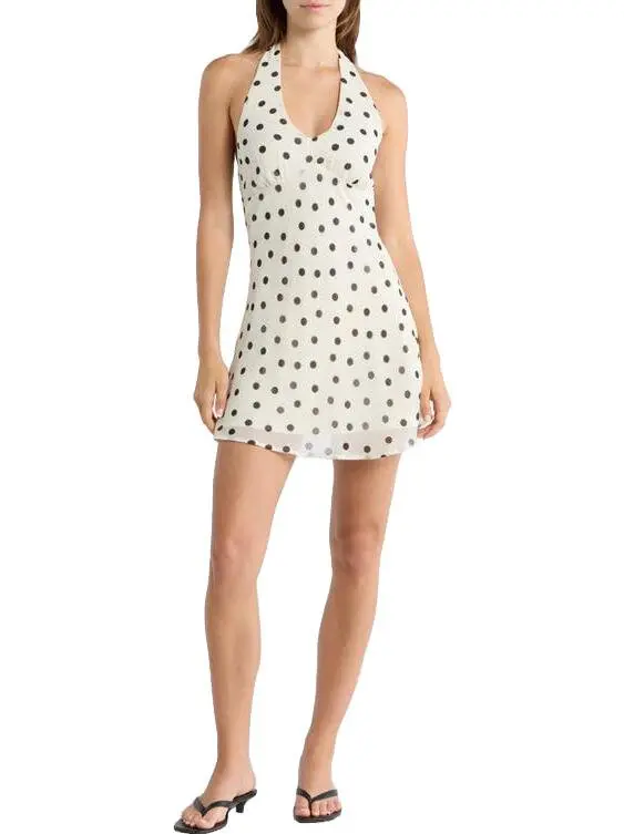 ALL IN FAVOR Polka Dot Halter Neck Mini Dress - Ivory Black Dot