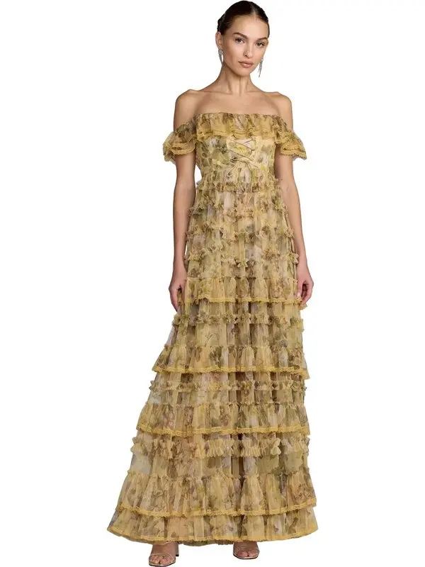 Mac Duggal Floral Printed Mesh Off-the-shoulder Gown - Buttercream