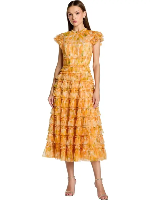 Mac Duggal Floral High Neck Flutter Sleeve Midi Dress - Yellow Multi