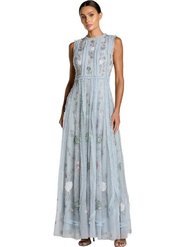 Mac Duggal Floral Embellished Sleeveless A-line Gown With Ruffle Detail - Blue