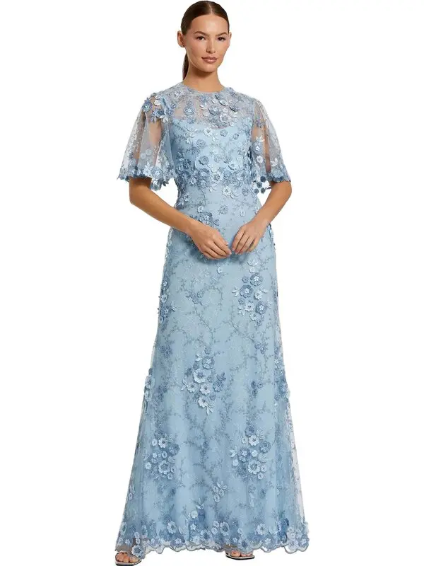 Mac Duggal Petite Flutter Sleeve Floral Embroidered Net Gown - Blue