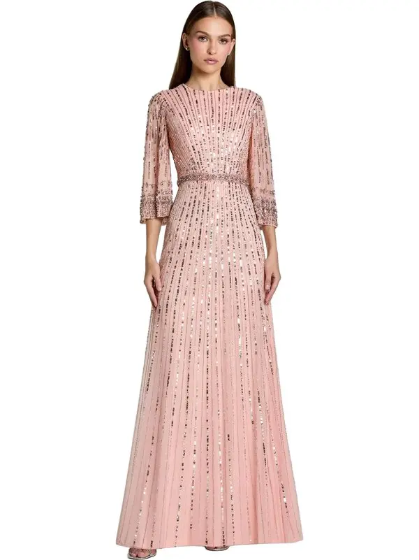 Mac Duggal Embellished High Neck Gown With Sleeves - Rose