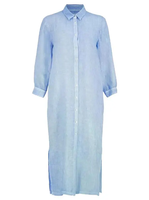 120% Lino Button-up Maxi Dress - Blue