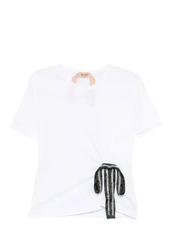 N°21 Bow-detail Embellished T-shirt - White