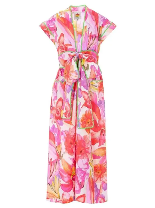 Farm Rio Floral Print Midi Dress With Bow Detail - Pink