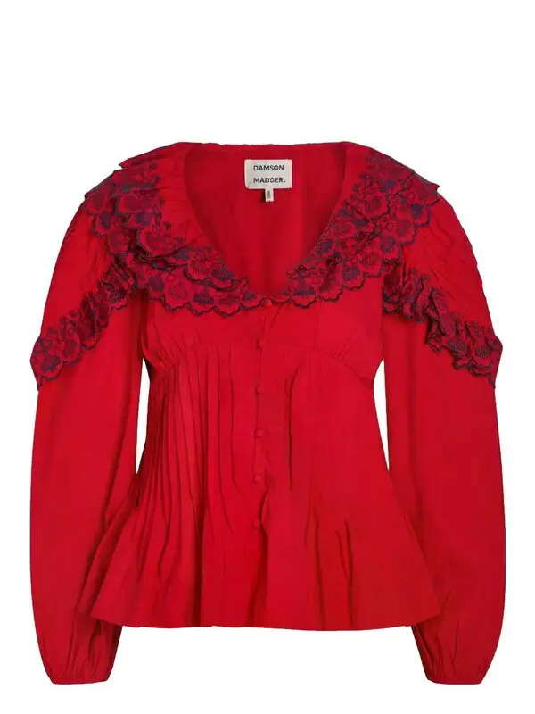DAMSON MADDER Ruffled-collar Pleated Blouse - Red