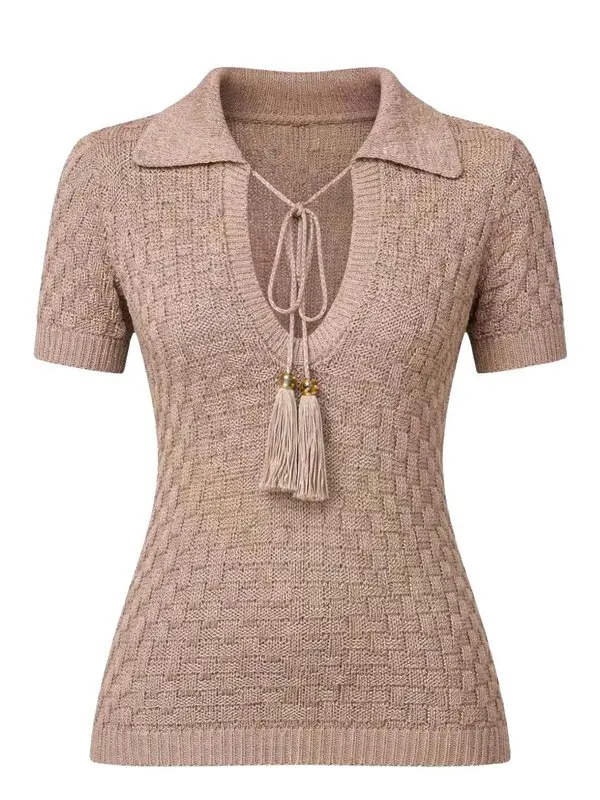 Elisabetta Franchi Basket-weave Tassel-detail Polo Shirt - Neutrals
