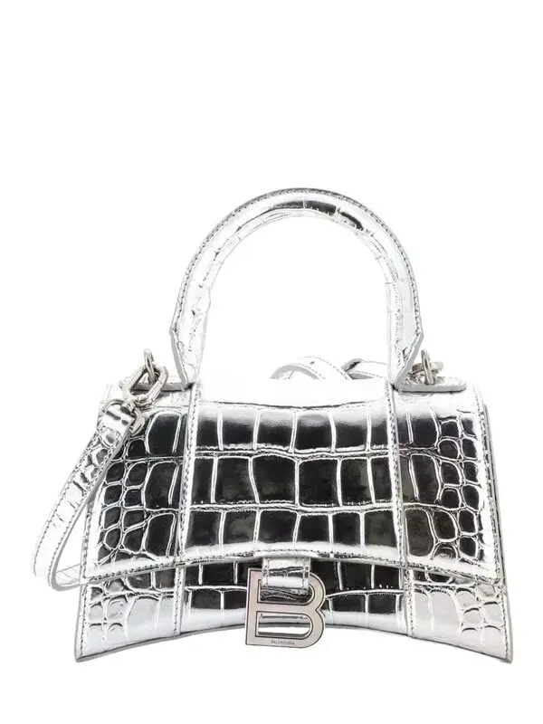 Balenciaga Hourglass Top Handle Bag Crocodile Embossed Leather Xs - Silver