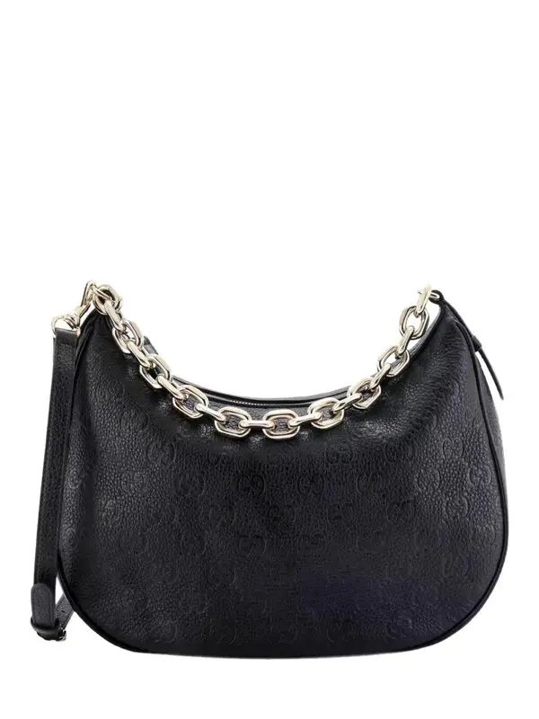 Gucci Emblem Half Moon Gg Embossed Leather Large Shoulder Bag - Black