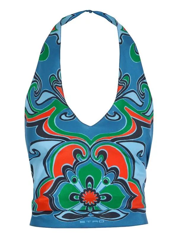 Etro Floral-print Halterneck Silk Top - Blue