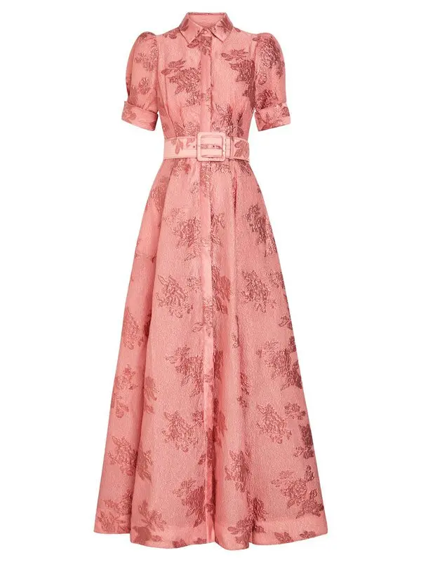 Rebecca Vallance Annette Belted Floral-jacquard Cloqué Gown - Peach