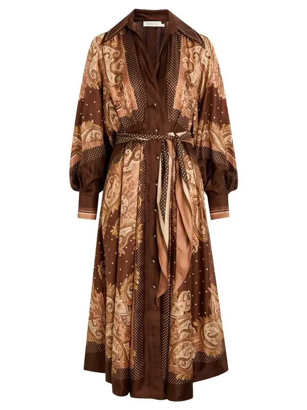 Zimmermann Luna Printed Belted Silk Midi Shirt Dress - Brown