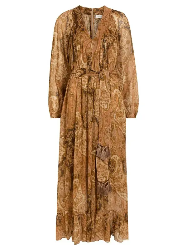 Zimmermann Carousel Belted Metallic Silk-chiffon Midi Dress - Brown
