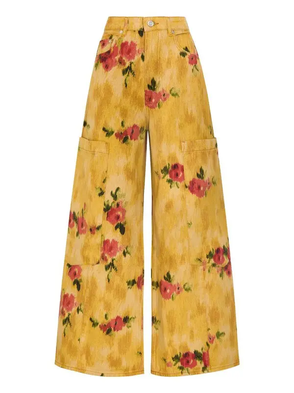 GANNI Printed Wide-leg Denim Cargo Jeans - Yellow