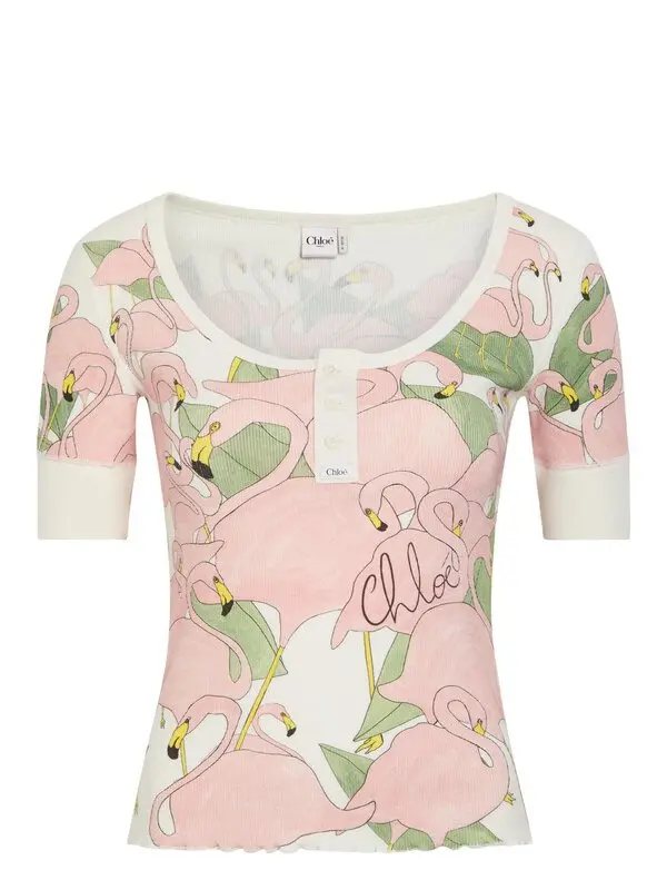 Chloé Flamingo-print Stretch-cotton Top - Ivory